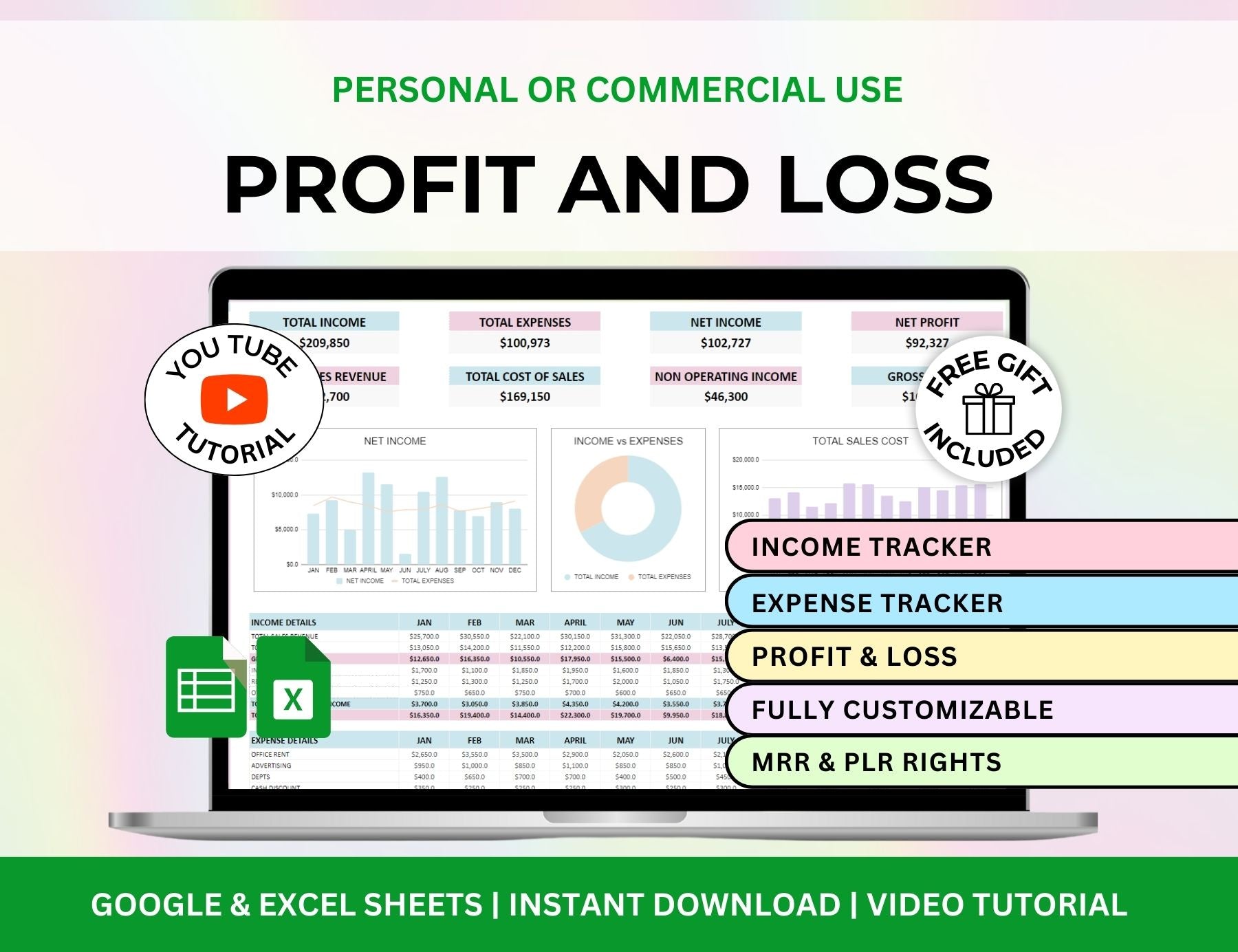 Profit & Loss Google Sheets Spreadsheet – PLRDUCK.COM